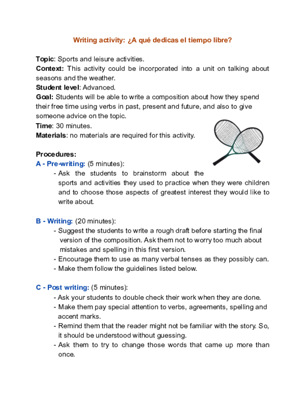 (PDF) Writing activity: ¿A qué dedicas el tiempo libre?