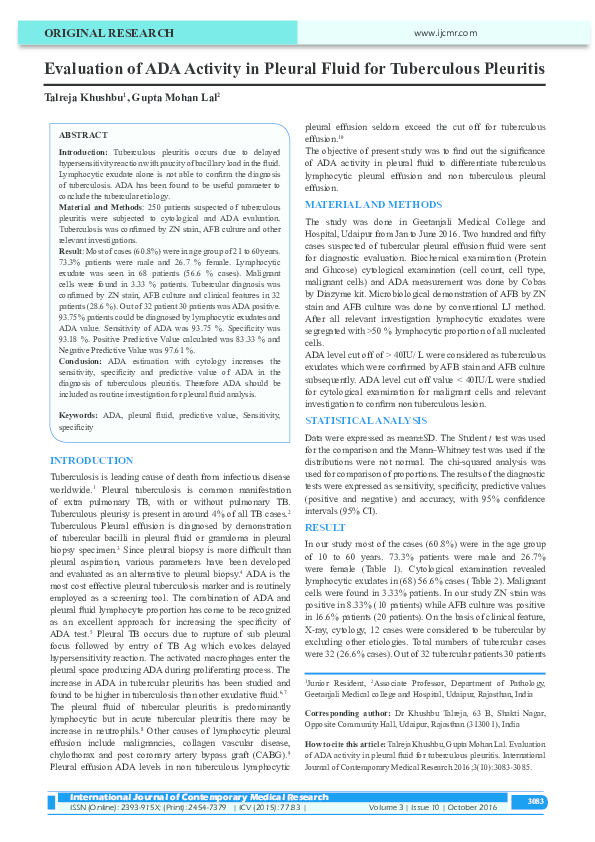 (PDF) Evaluation of ADA Activity in Pleural Fluid for Tuberculous Pleuritis