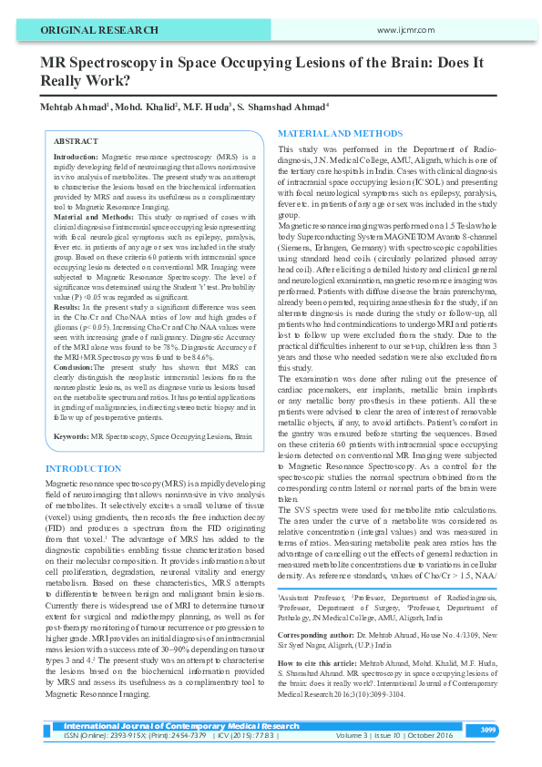 (PDF) MR Spectroscopy in Space Occupying Lesions of the Brain: Does It ...