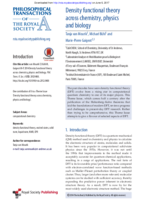 (PDF) Density functional theory across chemistry, physics and biology