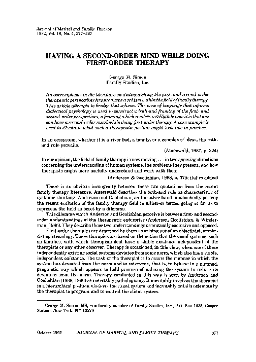 (PDF) Having a Second-Order Mind While Doing First-Order Therapy