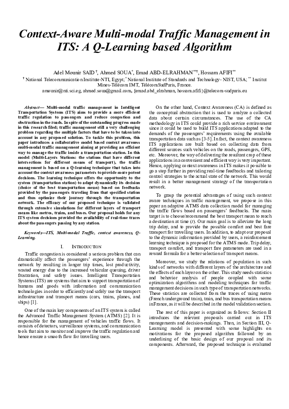 (PDF) Context-Aware Multi-modal Traffic Management in ITS: A Q-Learning based Algorithm | Adel M ...