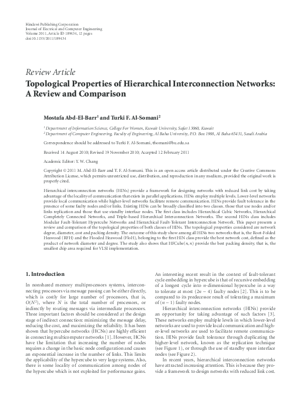 Pdf Topological Properties Of Hierarchical Interconnection Networks A Review And Comparison