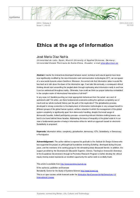 (PDF) Ethics at the age of information