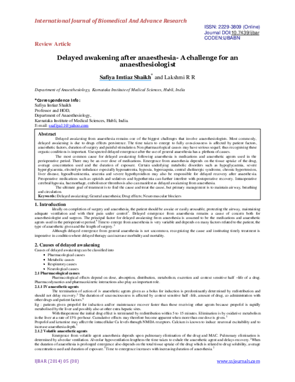 (PDF) Delayed awakening after anaesthesia- A challenge for an ...