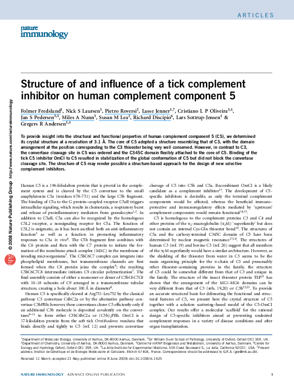 (PDF) Structure of and influence of a tick complement inhibitor on ...
