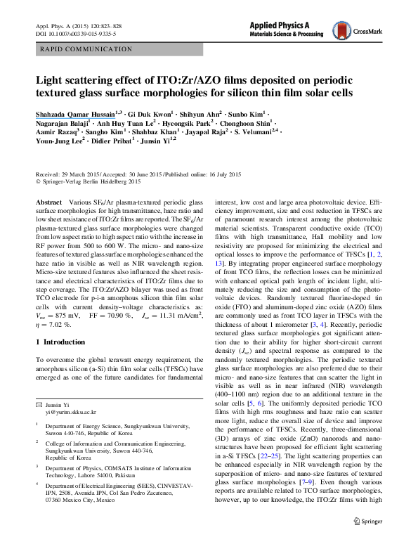 (PDF) Light scattering effect of ITO:Zr/AZO films deposited on periodic ...