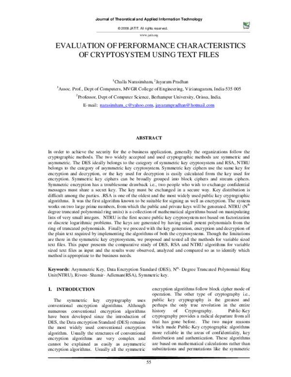 (PDF) Evaluation of Performance Characteristics of Cryptosystem Using Text Files