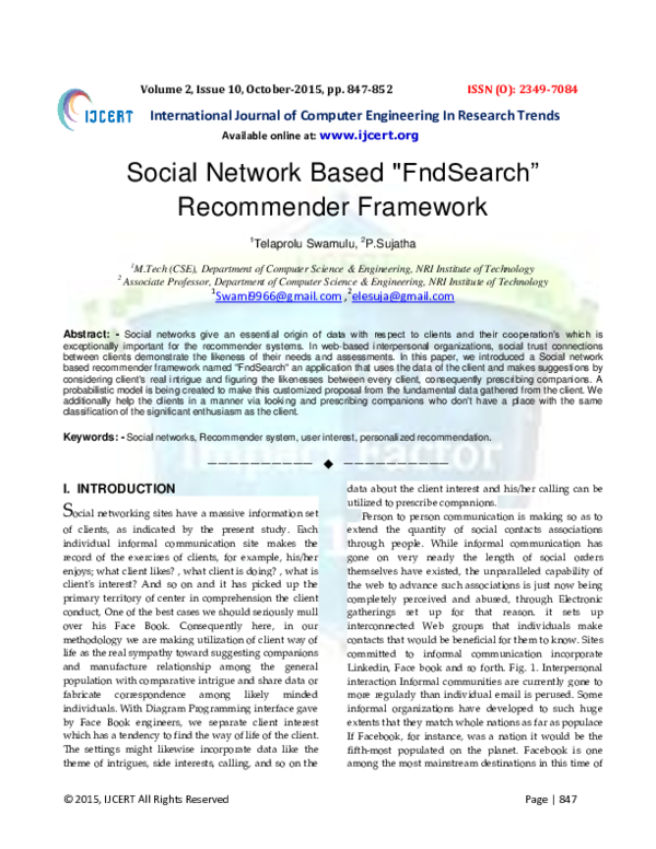 (PDF) Social Network Based "FndSearch " Recommender Framework | IJCERT Publications - Academia.edu
