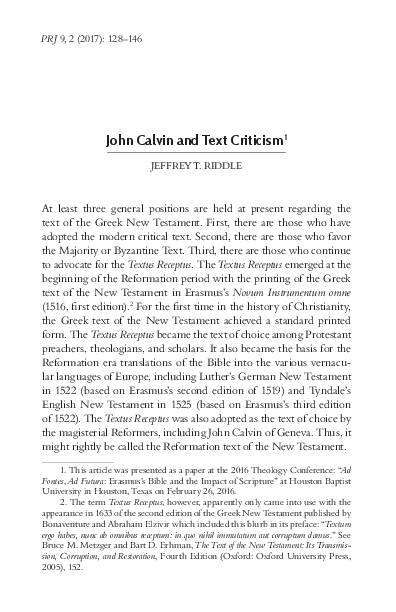 (PDF) John Calvin and Text Criticism, Puritan Reformed Journal, Vol. 9 ...