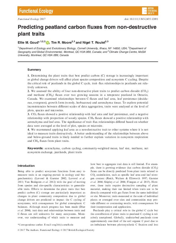 (PDF) Predicting peatland carbon fluxes from non-destructive plant traits