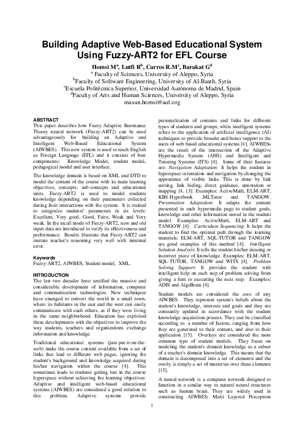 (PDF) Building Adaptive Web-Based Educational System Using Fuzzy-ART2 for EFL Course