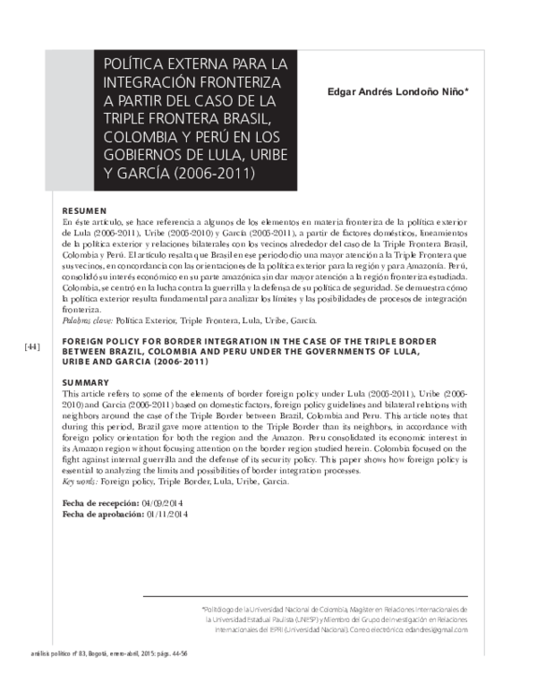 (PDF) POLÍTICA EXTERNA PARA LA INTEGRACIÓN FRONTERIZA A PARTIR DEL CASO DE LA TRIPLE FRONTERA ...