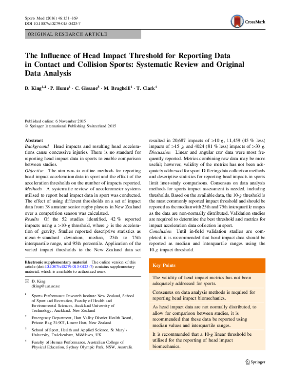 (PDF) The Influence of Head Impact Threshold for Reporting Data in Contact and Collision Sports ...