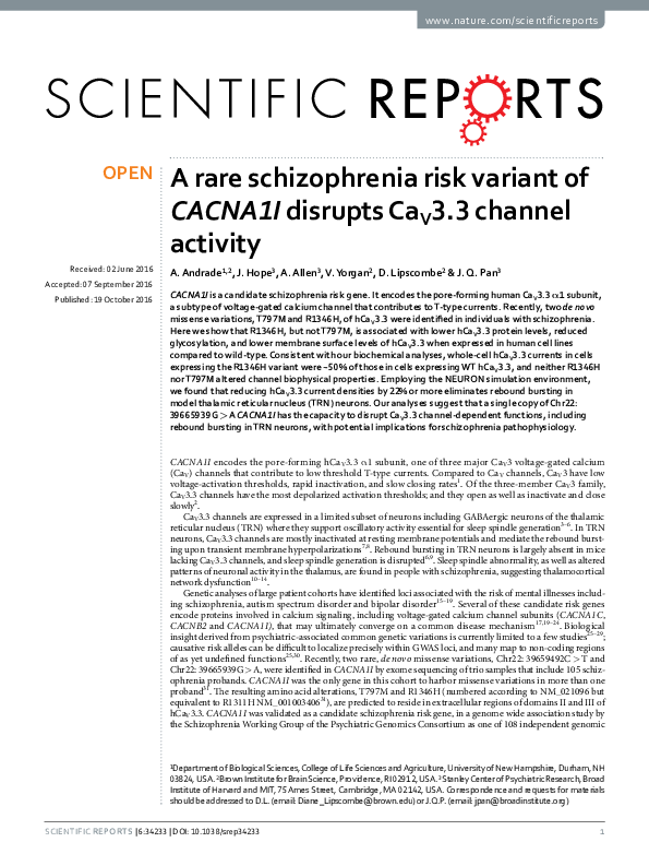 (PDF) A rare schizophrenia risk variant of CACNA1I disrupts Ca V 3.3 ...