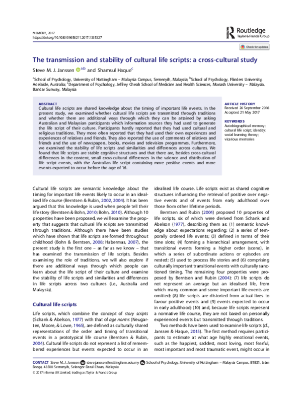 (PDF) The transmission and stability of cultural life scripts: A cross ...
