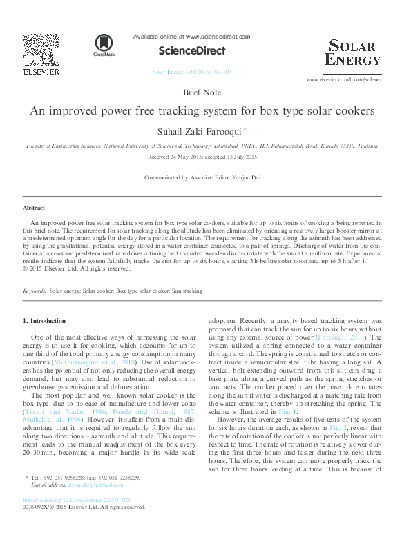 (PDF) An improved power free tracking system for box type solar cookers
