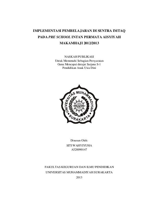 (PDF) IMPLEMENTASI PEMBELAJARAN DI SENTRA IMTAQ PADA PRE SCHOOL INTAN ...