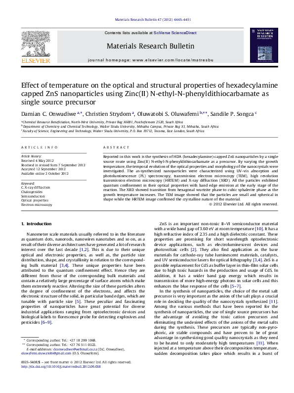 (PDF) Effect of temperature on the optical and structural properties of hexadecylamine capped ...