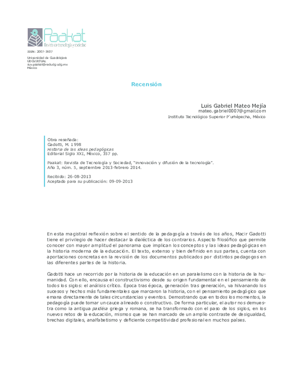 (PDF) Recensión: Historia de las ideas pedagógicas