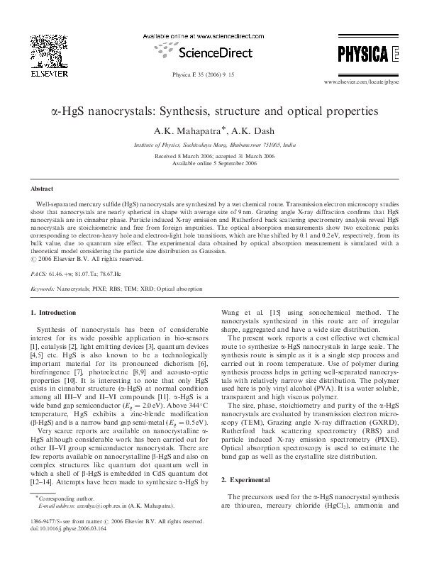 (PDF) alpha - HgS nanocrystals: Synthesis, structure and optical properties