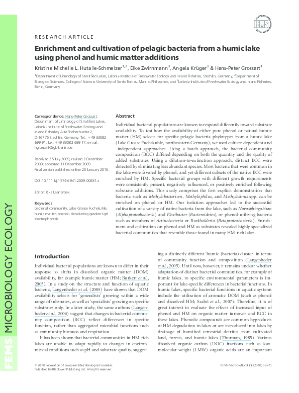 (PDF) Enrichment and cultivation of pelagic bacteria from a humic lake ...