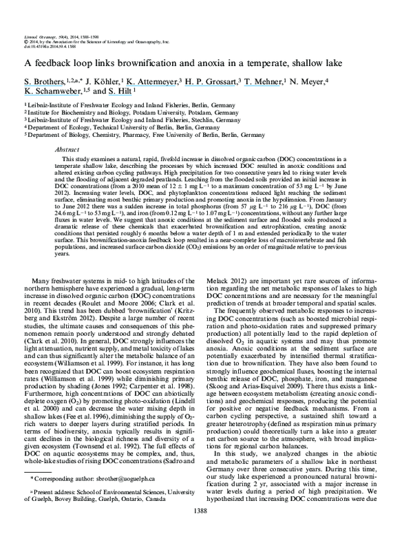 (PDF) A feedback loop links brownification and anoxia in a temperate ...