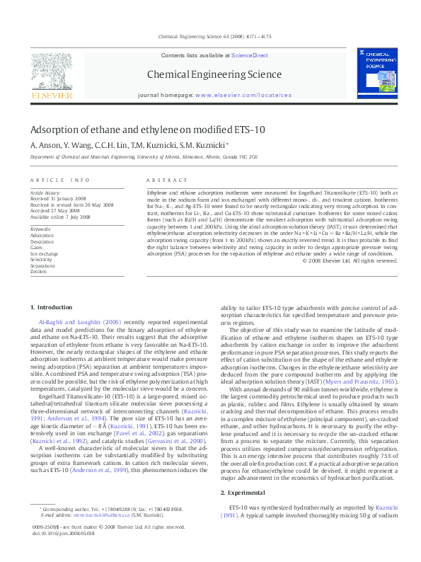 (PDF) Adsorption of ethane and ethylene on modified ETS-10
