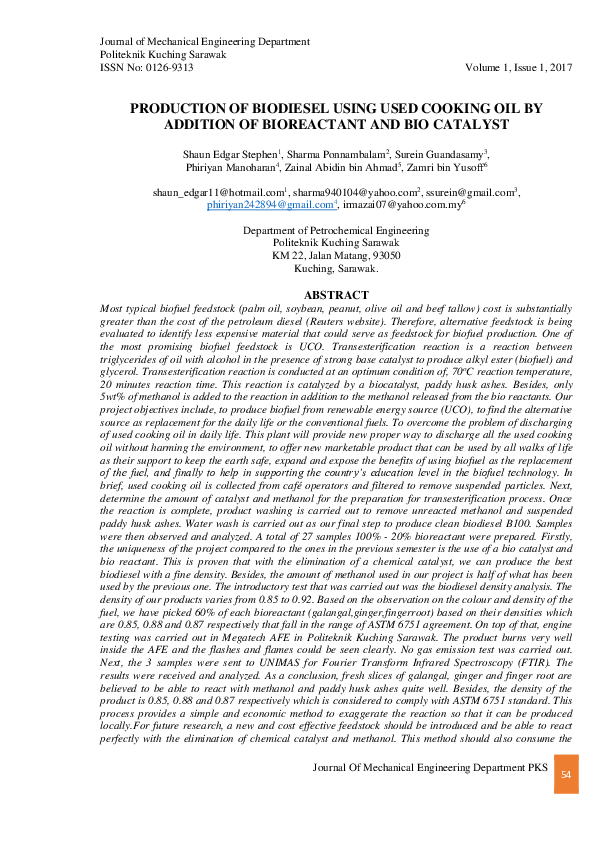 Pdf Biodiesel Production By Using Heterogeneous Catalyst Samir