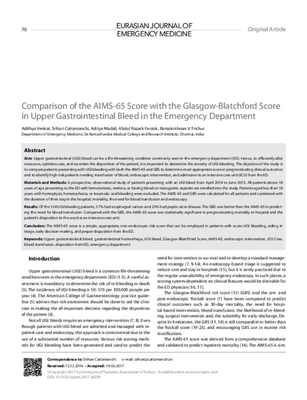 (PDF) Comparison of the AIMS-65 Score with the Glasgow-Blatchford Score ...
