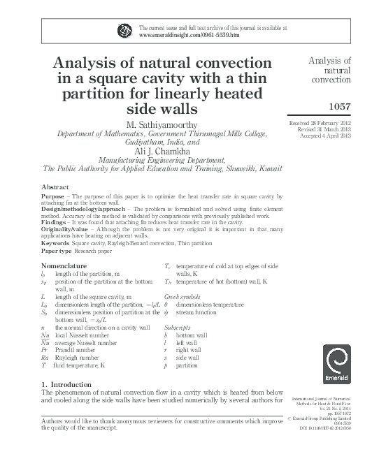 Pdf Analysis Of Natural Convection In A Square Cavity With A Thin Partition For Linearly