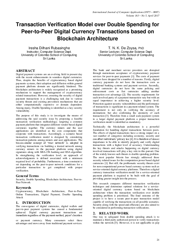 (PDF) Transaction Verification Model over Double Spending for Peer-to-Peer Digital Currency ...