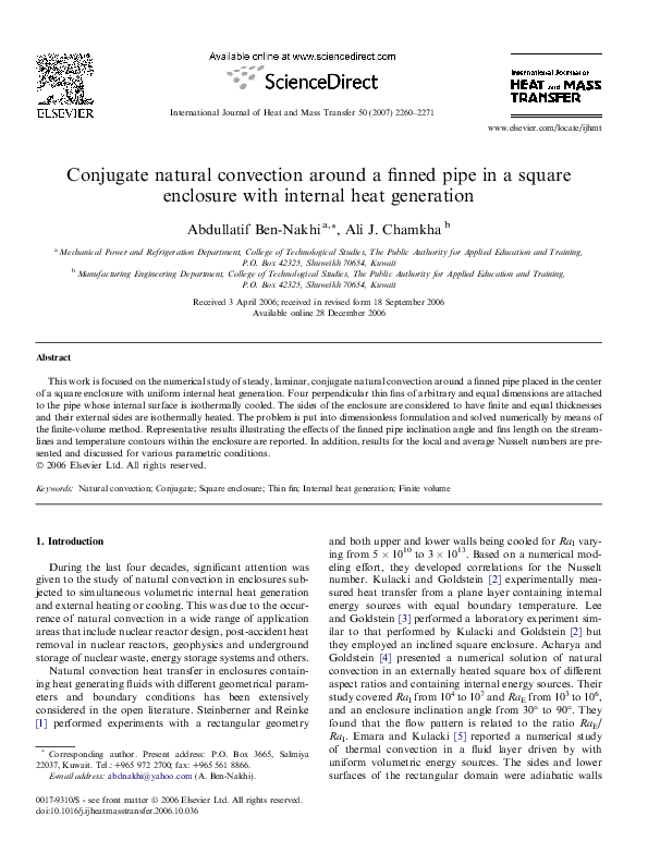 (PDF) Conjugate natural convection around a finned pipe in a square ...