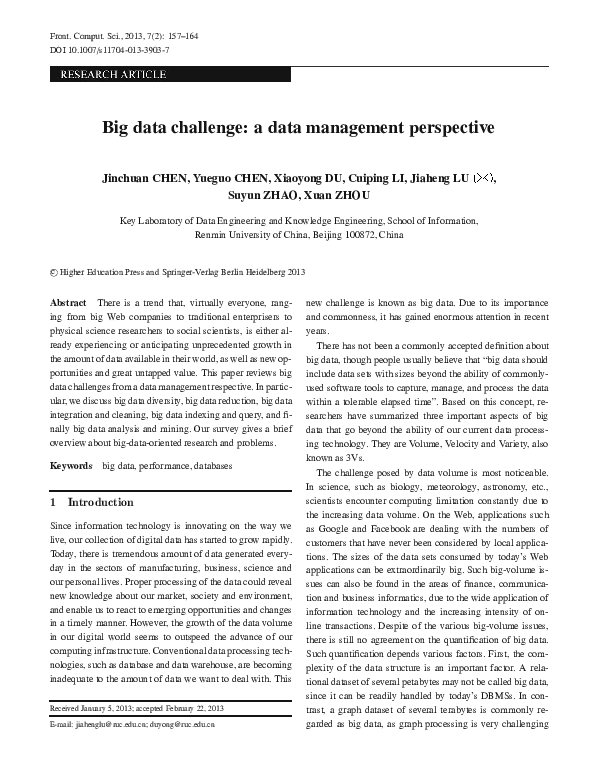 (PDF) Big data challenge: a data management perspective