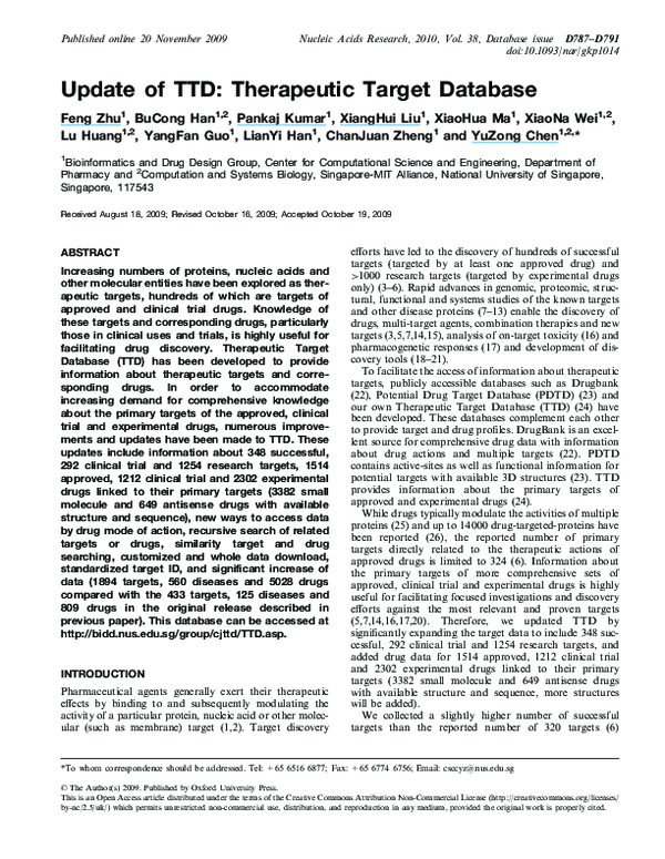 (PDF) Update of TTD: Therapeutic Target Database | Pankaj Kumar ...