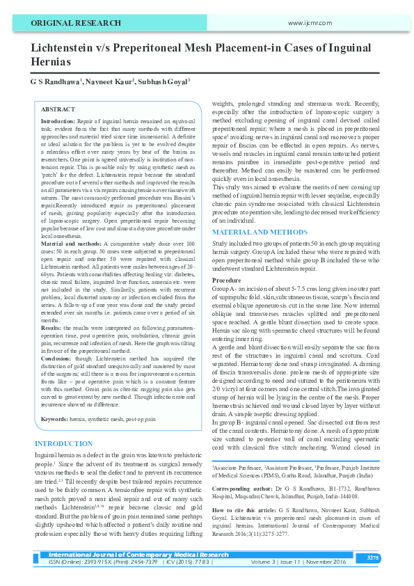 (PDF) Lichtenstein v/s Preperitoneal Mesh Placement-in Cases of ...