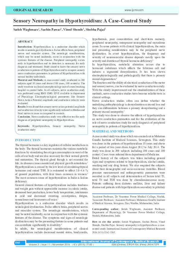 (PDF) Sensory Neuropathy in Hypothyroidism: A Case-Control Study