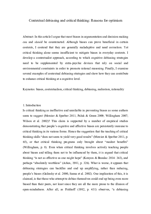 (DOC) Contextual Debiasing and Critical Thinking: Reasons for Optimism
