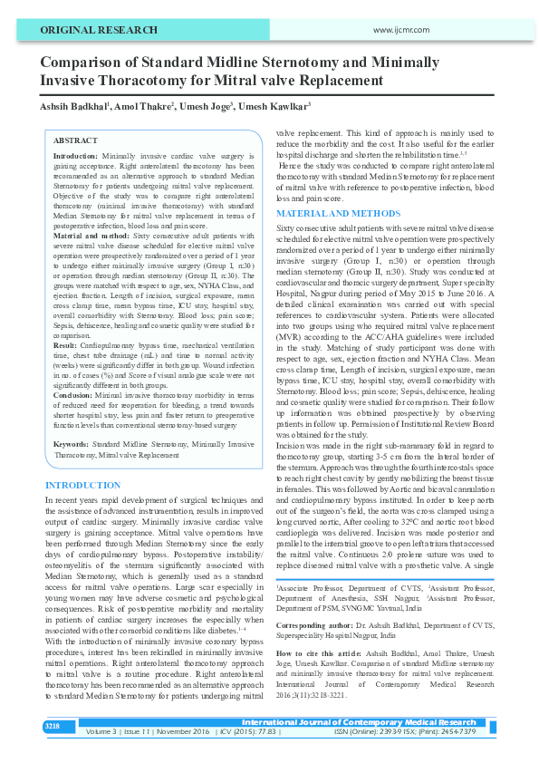 Pdf Comparison Of Standard Midline Sternotomy And Minimally Invasive Thoracotomy For Mitral