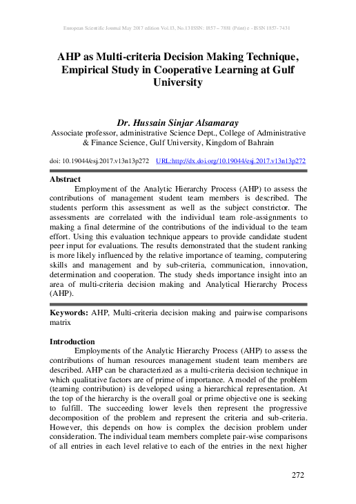 (PDF) AHP as Multi-criteria Decision Making Technique, Empirical Study ...