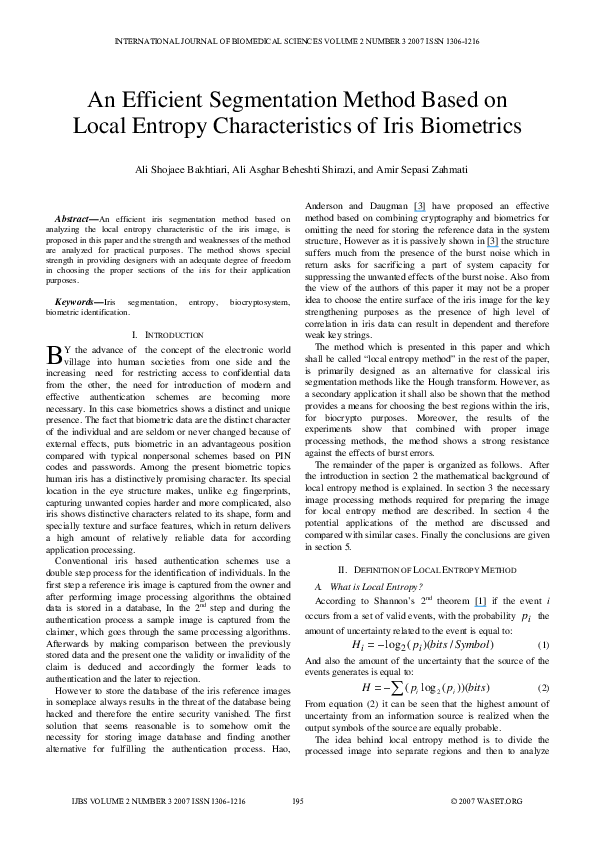 Pdf An Efficient Segmentation Method Based On Local Entropy Characteristics Of Iris Biometrics