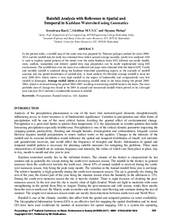 (PDF) Rainfall Analysis with Reference to Spatial and Temporal in Kaddam Watershed using Geomatics