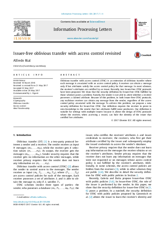 (PDF) Issuer-free oblivious transfer with access control revisited