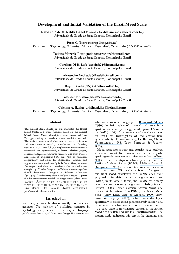 (PDF) Development and initial validation of the Brazil Mood Scale