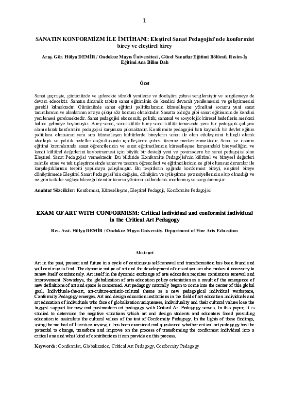 (DOC) SANATIN KONFORMİZM İLE İMTİHANI: Eleştirel Sanat Pedagojisi’nde konformist birey ve ...