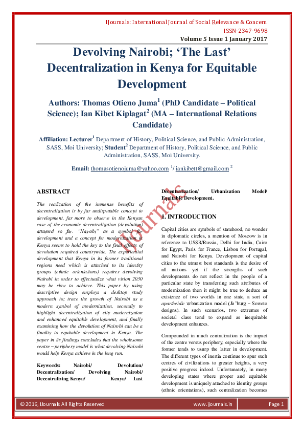 (PDF) Devolving Nairobi; 'The Last' Decentralization in Kenya for ...