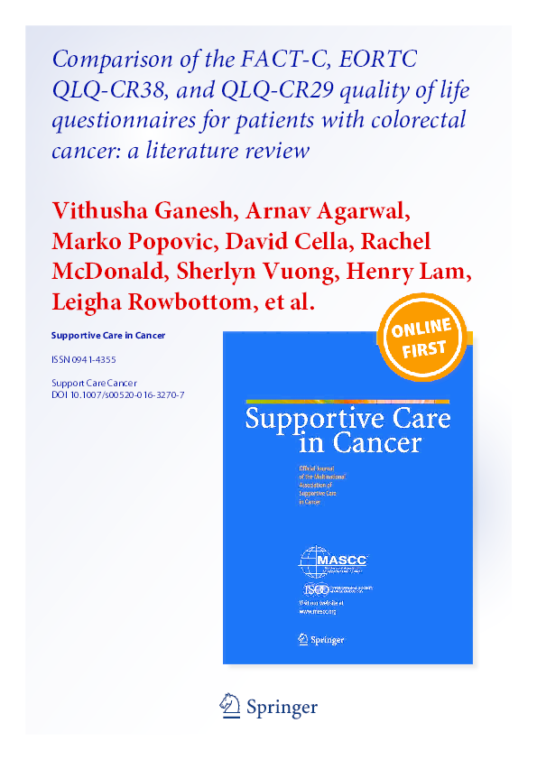 (PDF) Comparison of the FACT-C, EORTC QLQ-CR38, and QLQ-CR29 quality of life questionnaires for ...