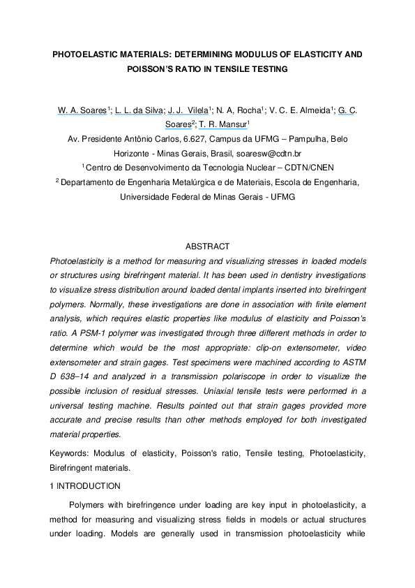 (PDF) PHOTOELASTIC MATERIALS: DETERMINING MODULUS OF ELASTICITY AND ...