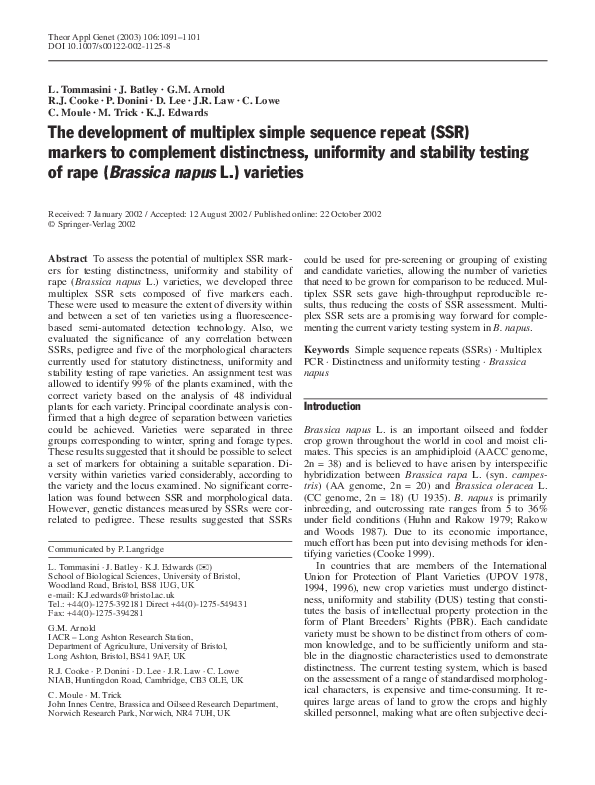 Pdf The Development Of Multiplex Simple Sequence Repeat Ssr Markers