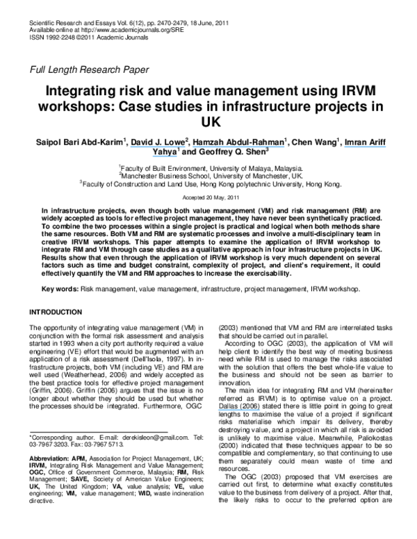(PDF) Integrat ing risk and value management using IRVM workshops: Case ...